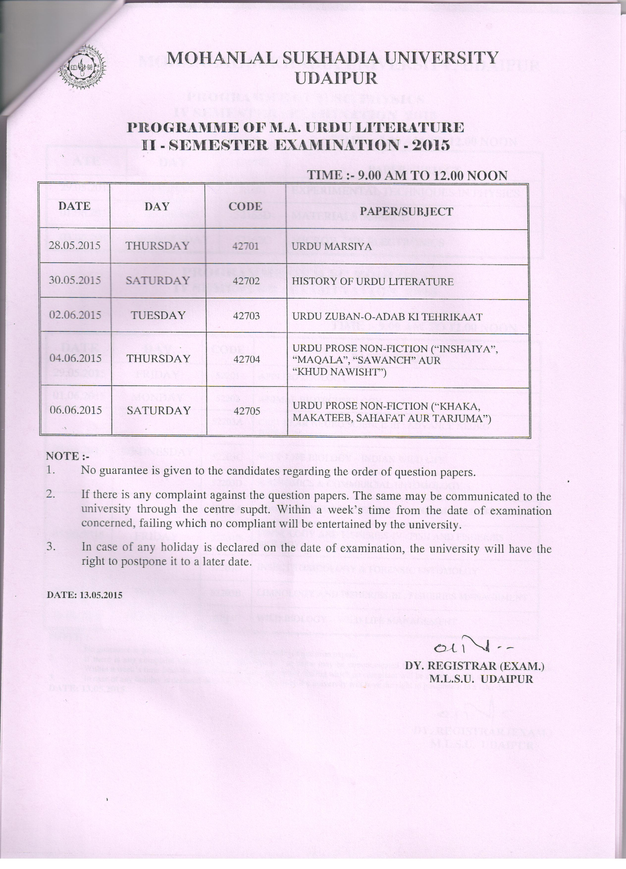 Programme of M.A. URDU LITERATURE II SEM :: Mohanlal Sukhadia Univerity ...