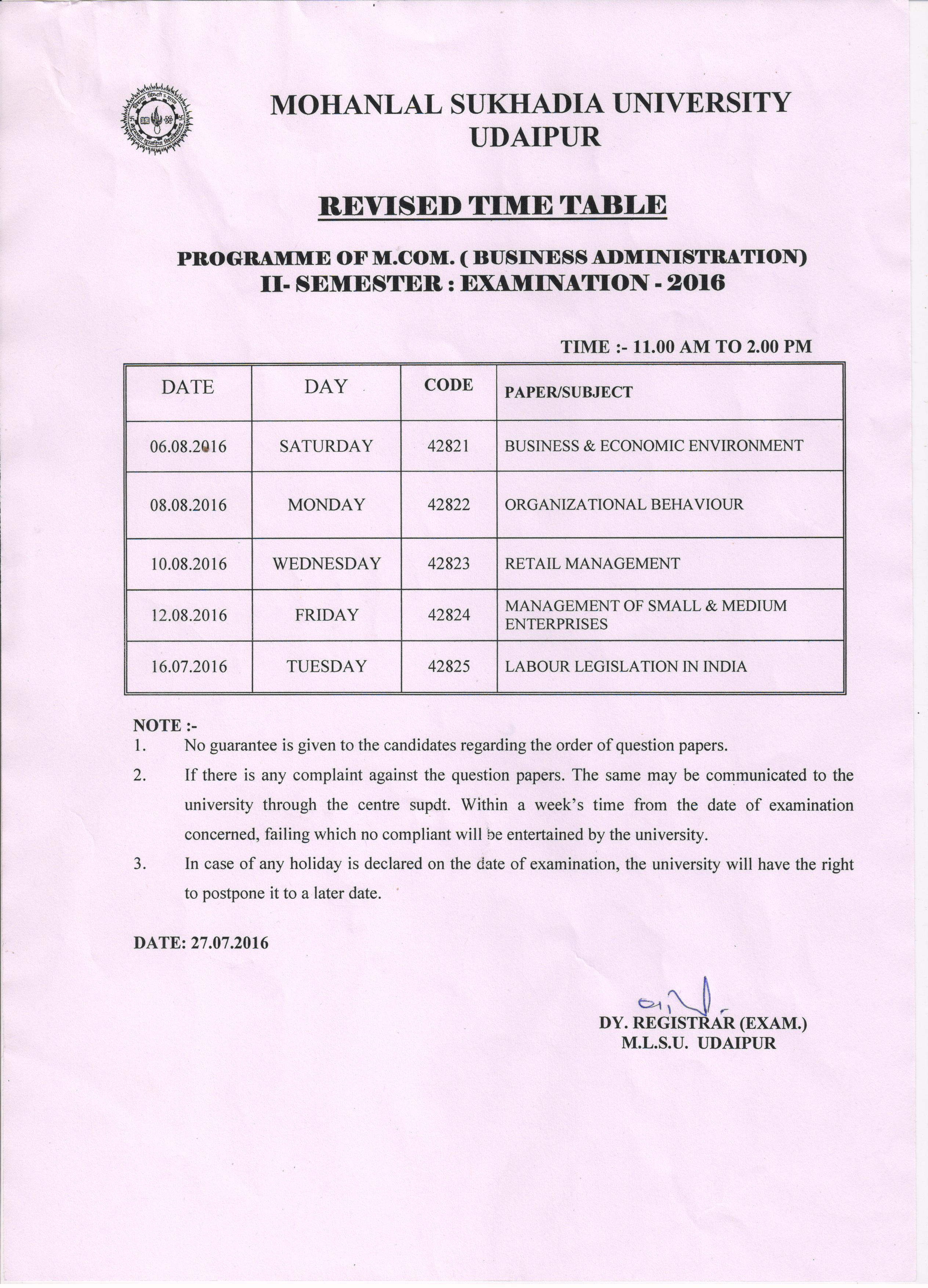 Revised time table M.com Business Admin II Sem :: Mohanlal Sukhadia ...