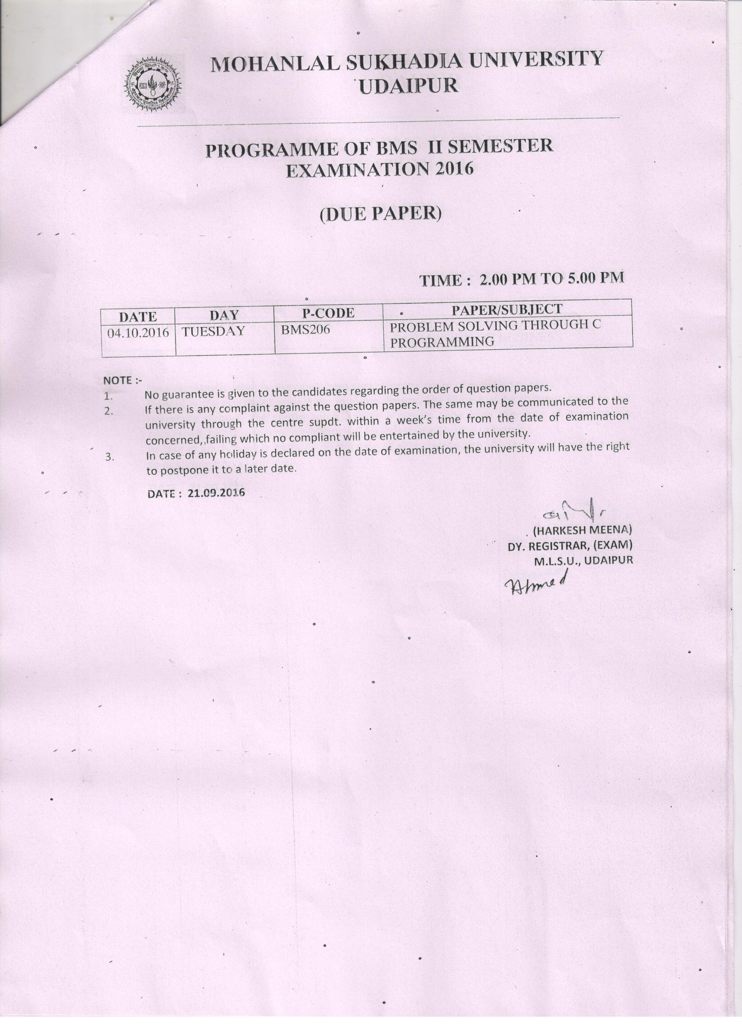 BMS II Semester Time Table (Due Paper) :: Mohanlal Sukhadia Univerity ...