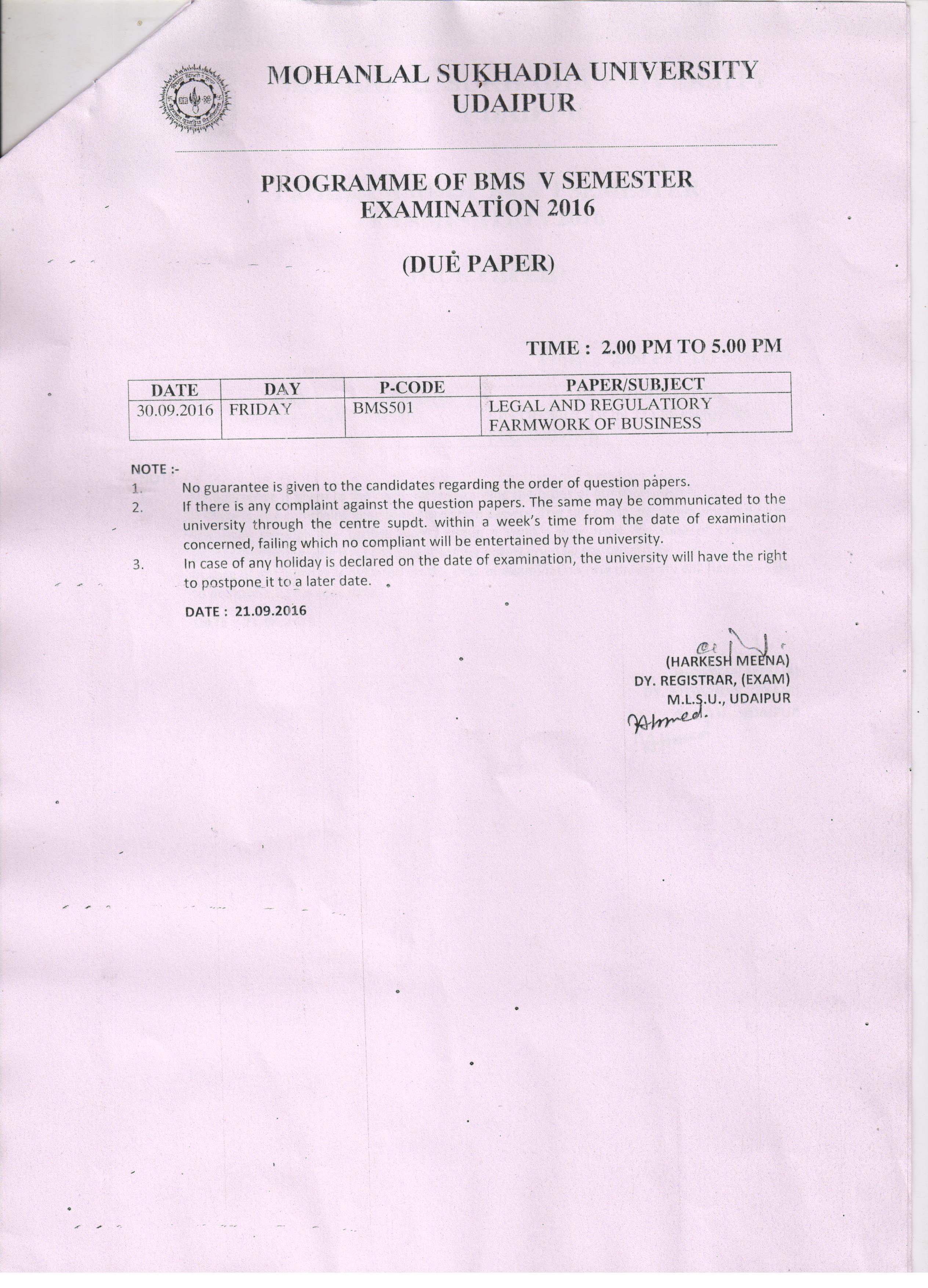 BMS V Semester Time Table (Due Paper) :: Mohanlal Sukhadia Univerity ...
