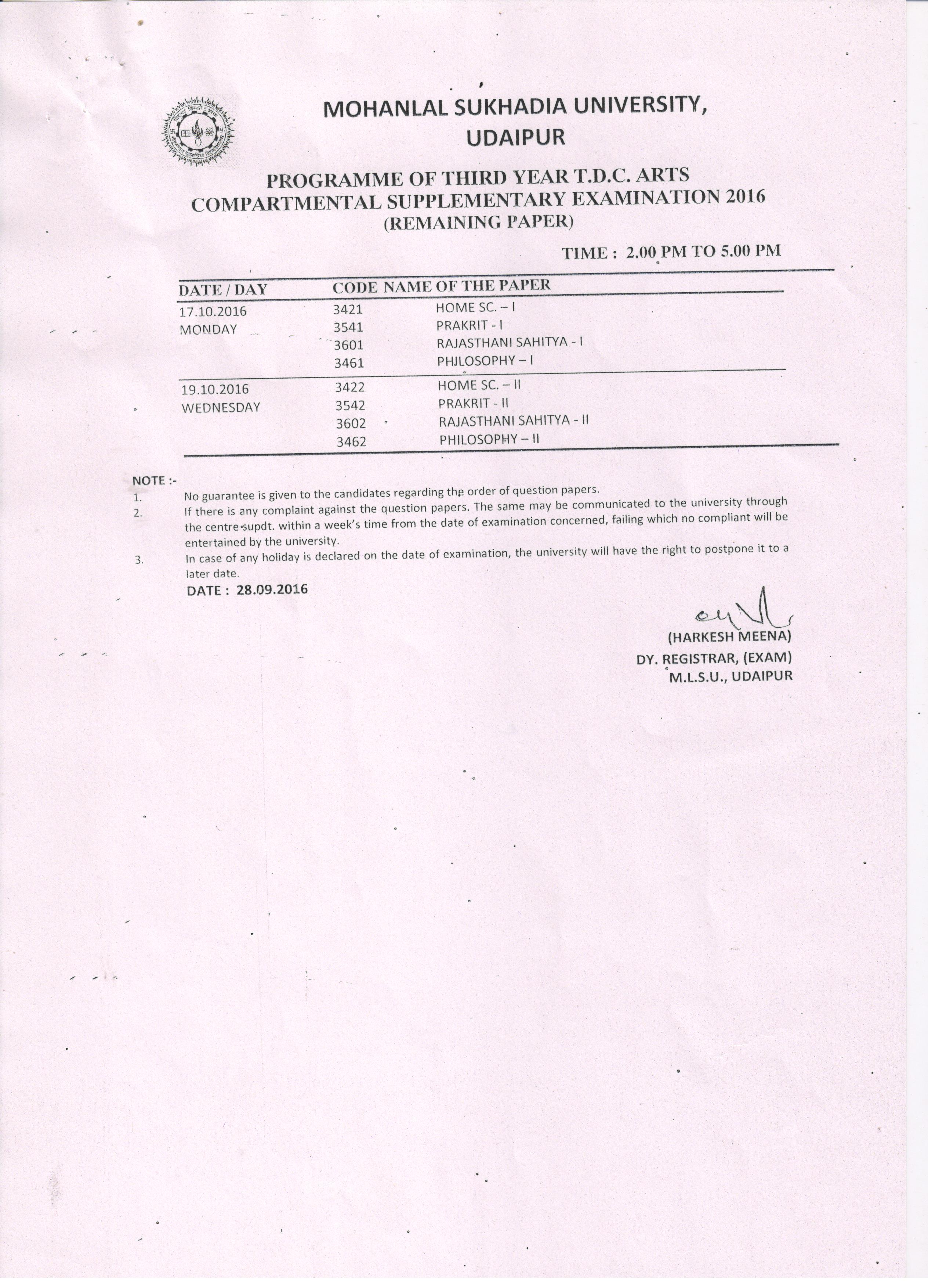 B.A III Year Supplementary Time Table of Remaining Papers :: Mohanlal ...