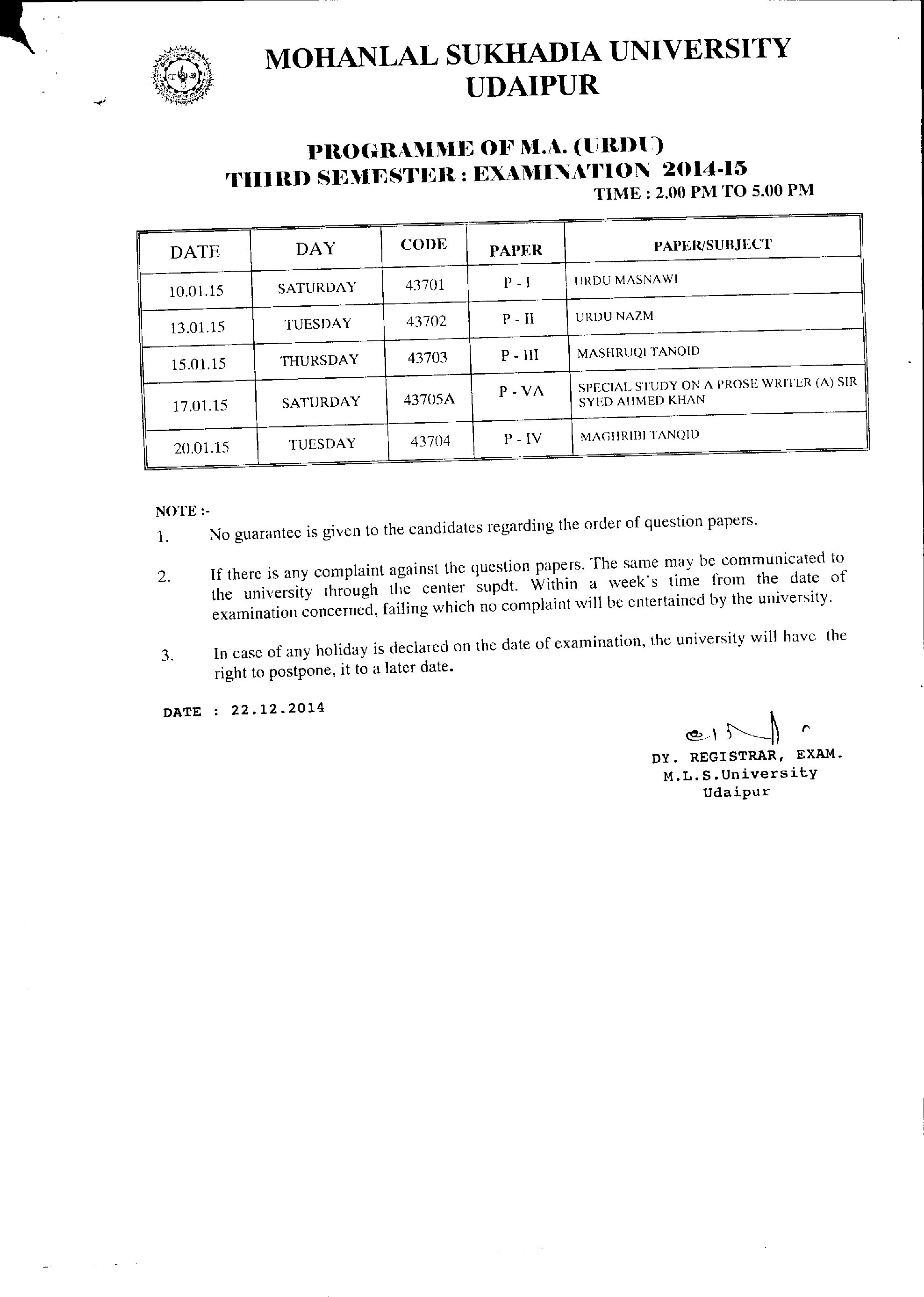 Programme of 3 M.A. Urdu :: Mohanlal Sukhadia Univerity, Udaipur