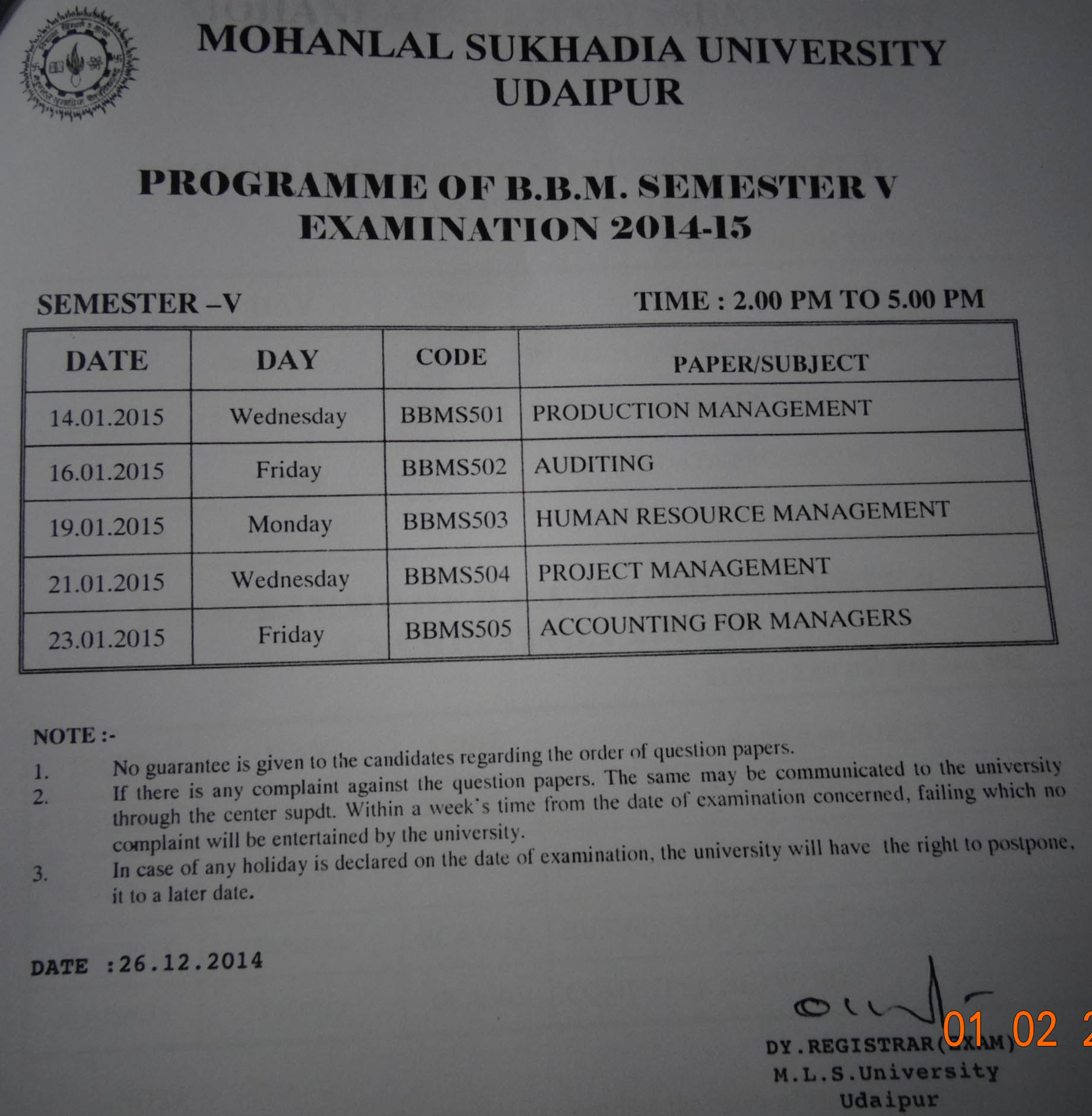 Programme of 5 SEM BBM :: Mohanlal Sukhadia Univerity, Udaipur